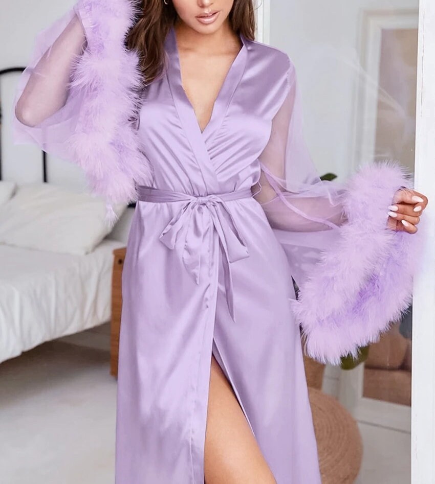 5 Color See Through Long Sleeve With Feathers Satin Robes - Etsy