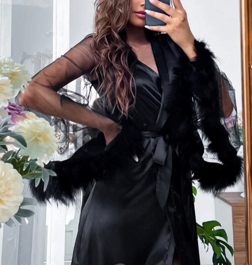 5 Color See Through Long Sleeve With Feathers Satin Robes - Etsy