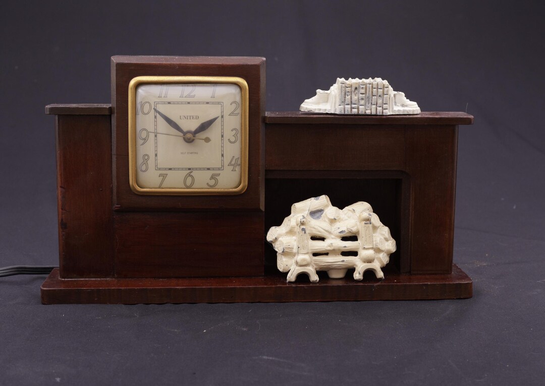 1950s MCM United Clock Fireplace With Light | Vintage Wooden Desk ...