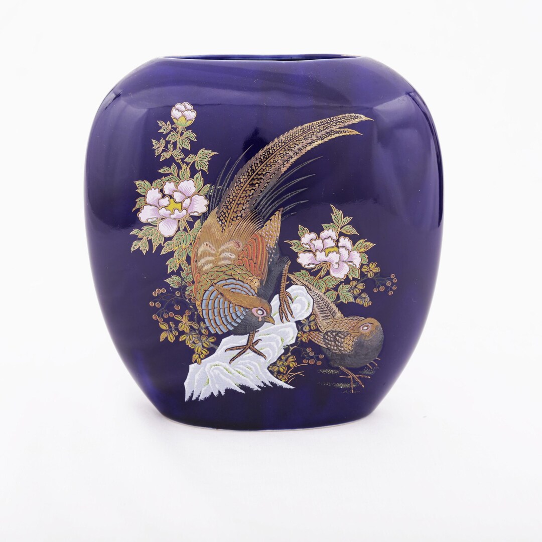 Vintage Porcelain Blue Kutani Peacock Flat Vase – Floral and Gold Trim ...