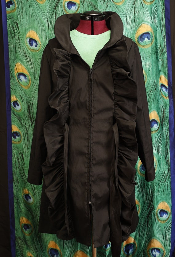 D&Y Lined Belted Raincoat with Structured Front Ruffle - Gem