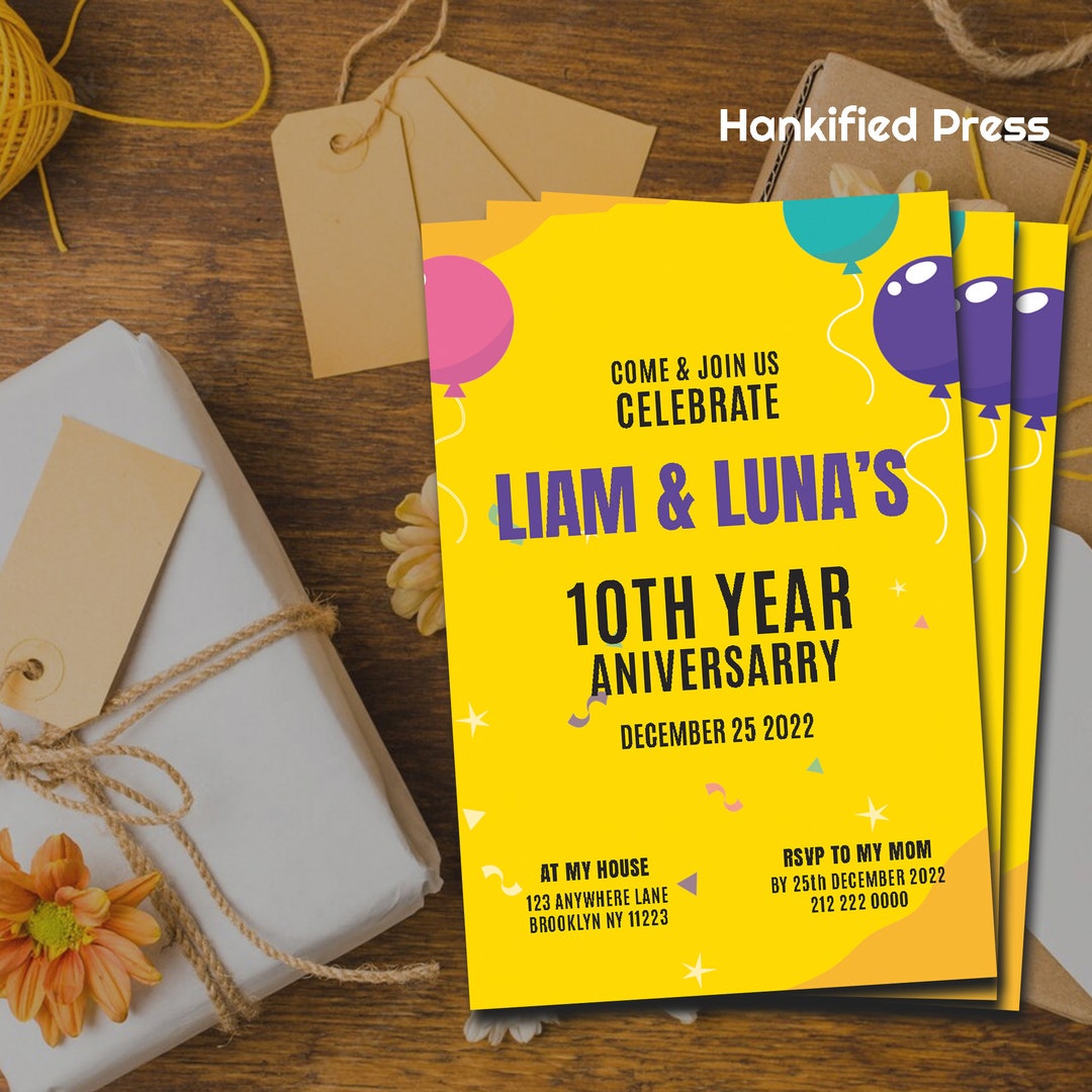 Balloon Modern Anniversary Invitation Card 5x7 Editable PDF File ...