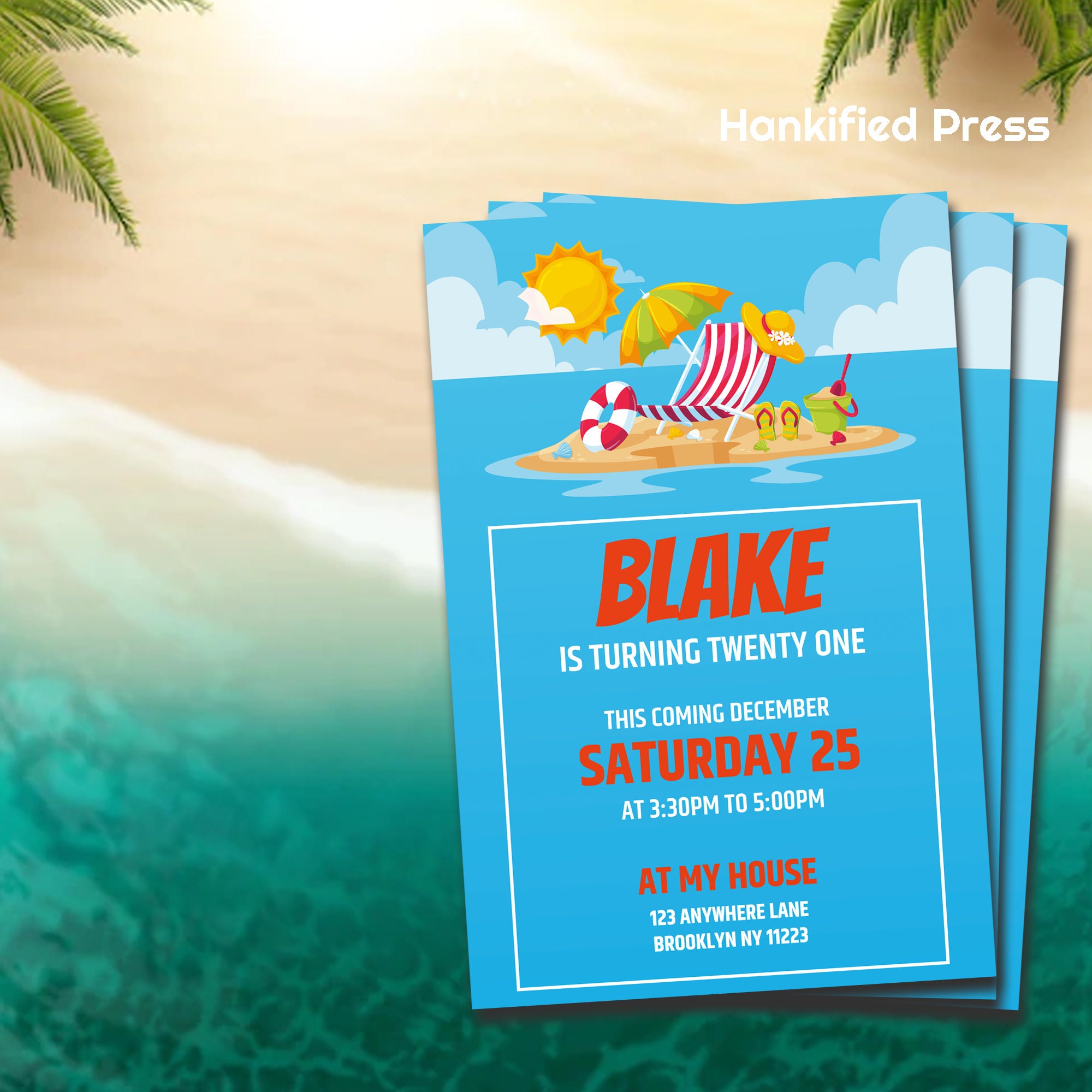 Island Ocean Vibes Birthday Invitation Card 5x7 Editable PDF File ...