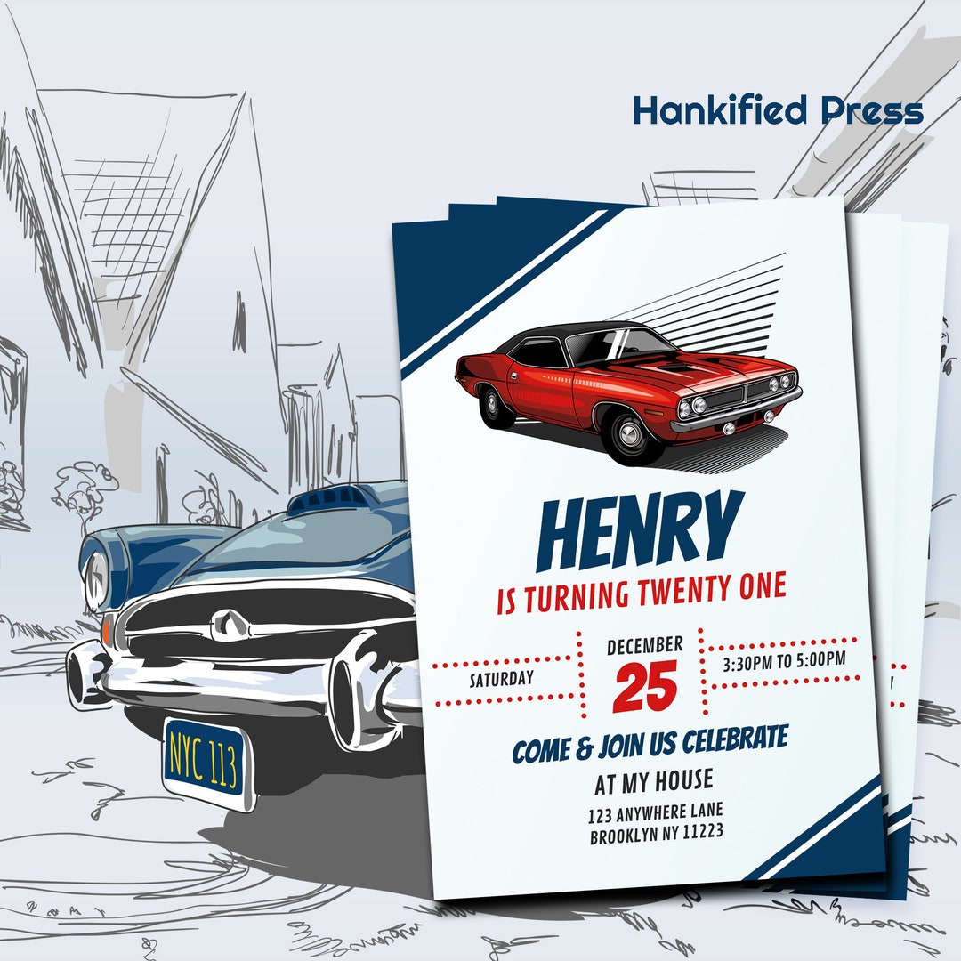 Classic Car Birthday Invitation Card 5x7 Editable PDF File Instant ...