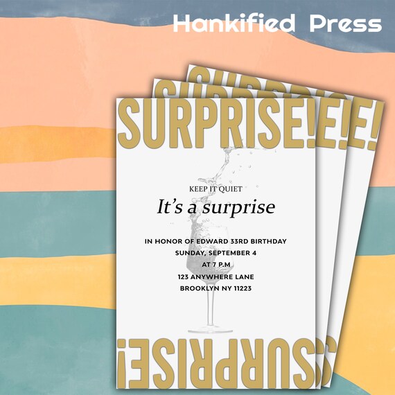 Gold Fun Surprise Birthday Invitation Card 5x7 Editable - Etsy