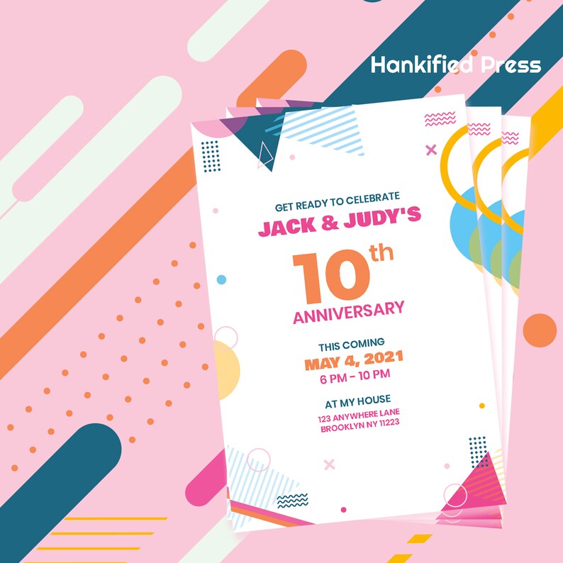 Modern Color Pop Anniversary Invitation Card 5x7 Editable - Etsy