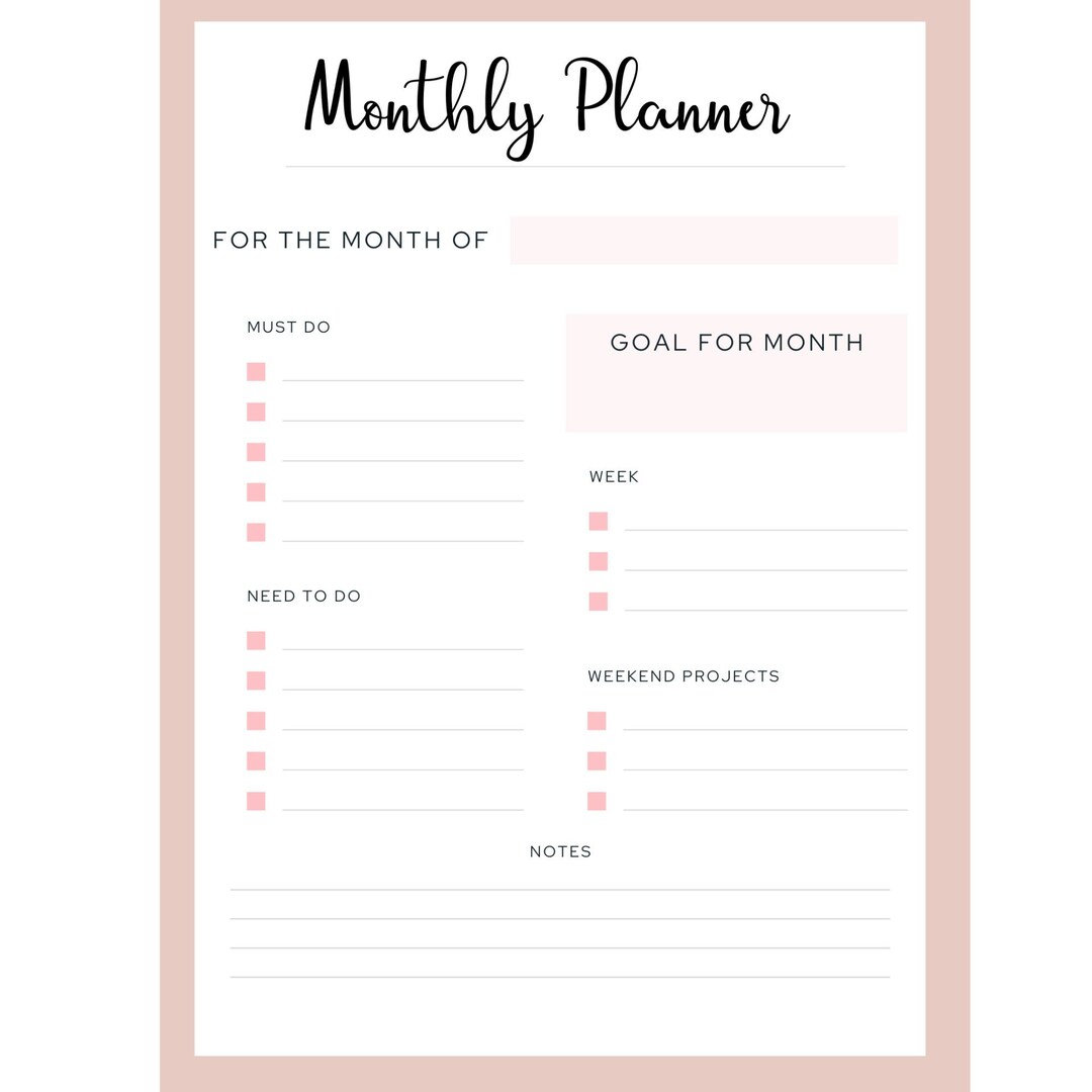 Monthly Planner Printable Goals and to Do List, Monthly Goal Organizer ...