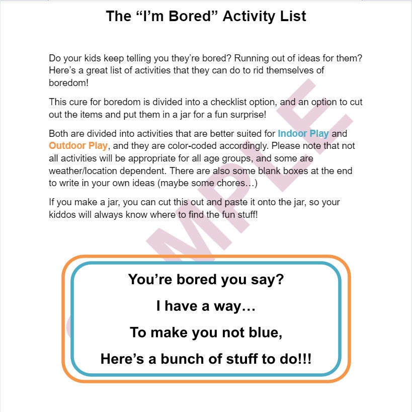 The "i'm Bored" Checklist and Jar Ideas - Etsy
