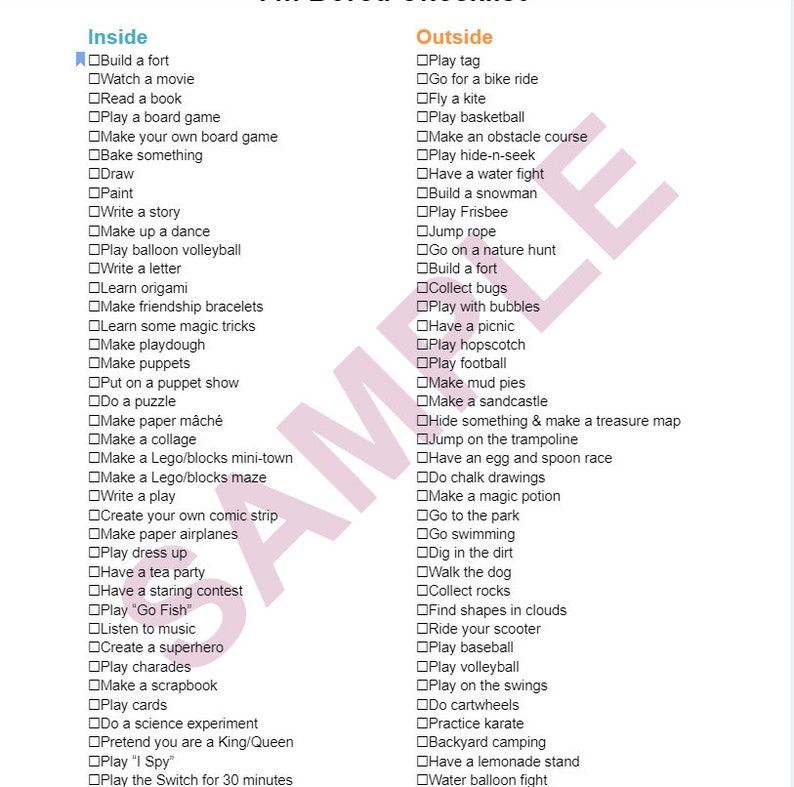 The "i'm Bored" Checklist and Jar Ideas - Etsy