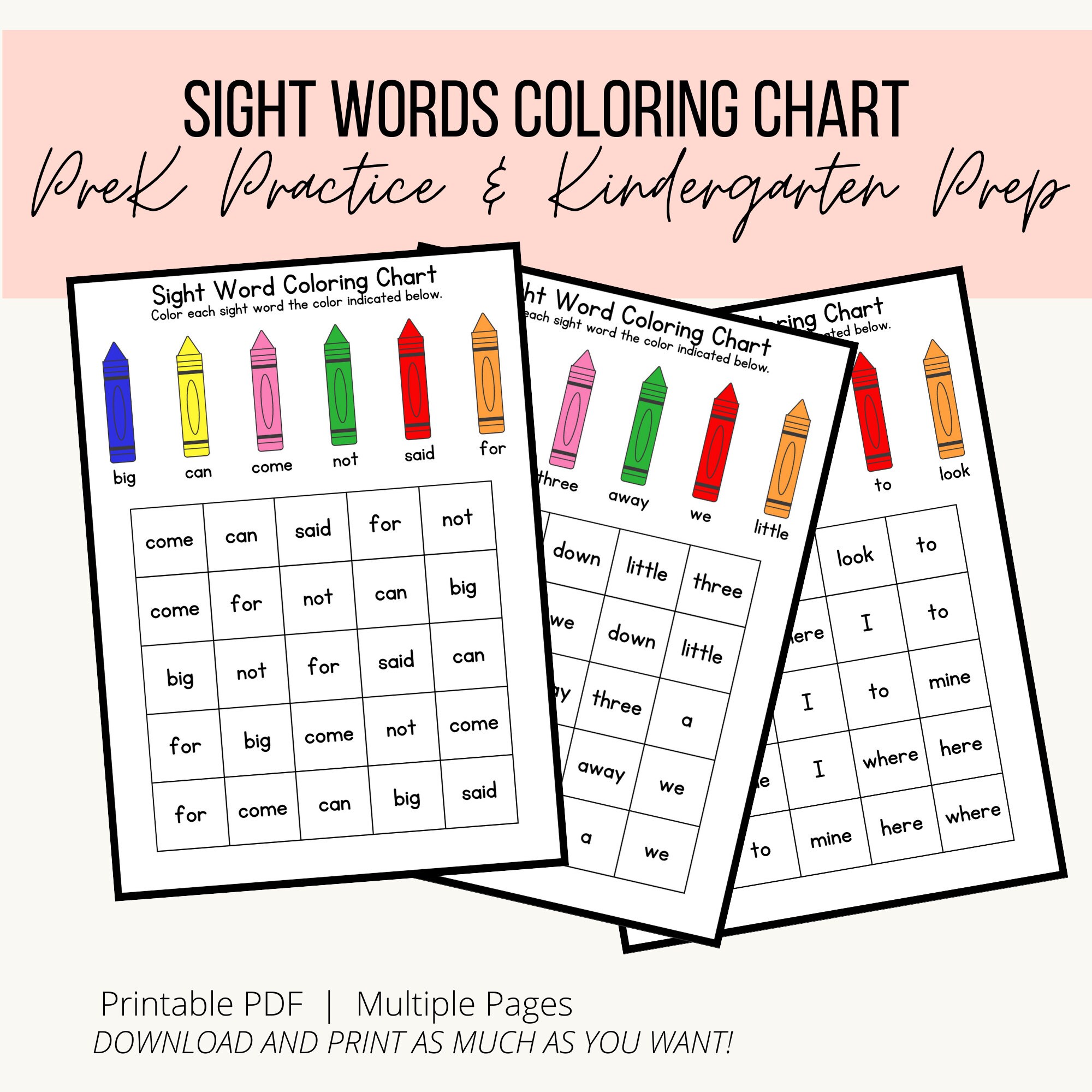 Sight Words Coloring Charts Sight Words Practice Prek Review ...