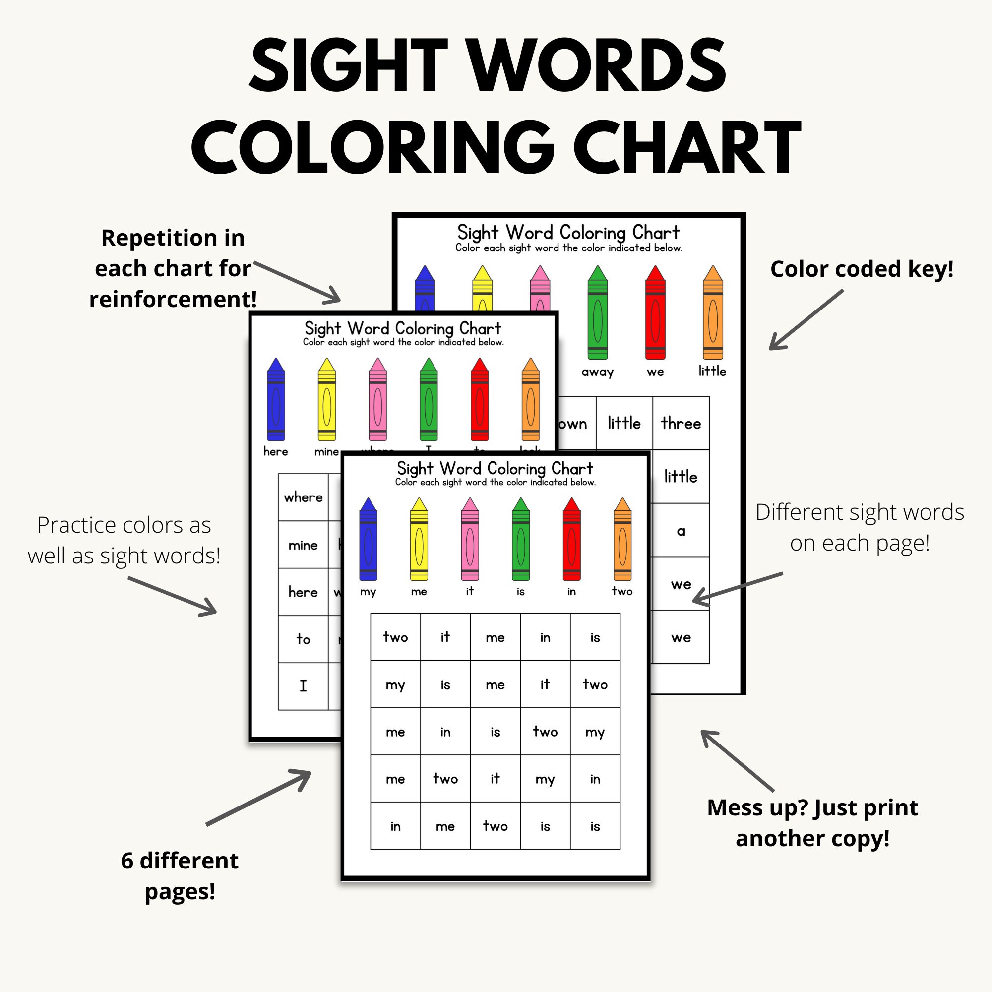 Sight Words Coloring Charts Sight Words Practice Prek Review ...