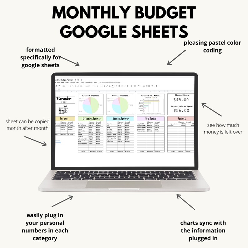 Monthly Budget Spreadsheet Google Sheets Budgeting - Etsy