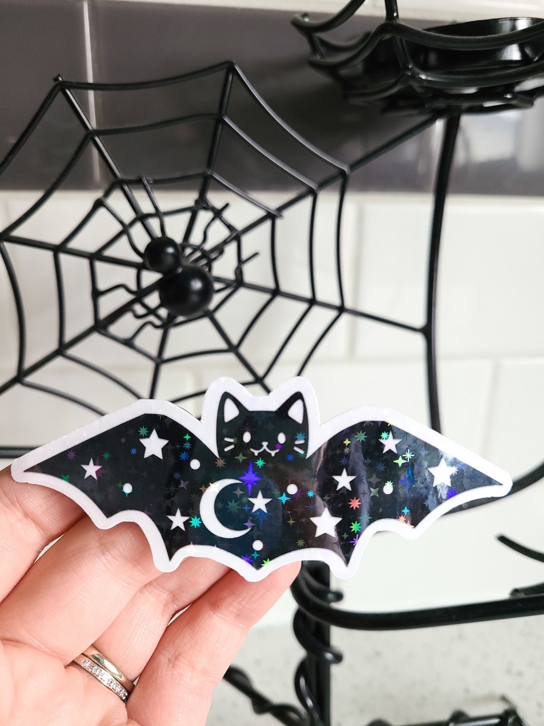 Holographic Cat Bat Sticker, Halloween Cat Sticker, Black Cat Sticker ...