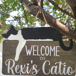 Hand Painted Welcome to the Catio Sign, Wood Cat Shaped Sign, Hanging ...