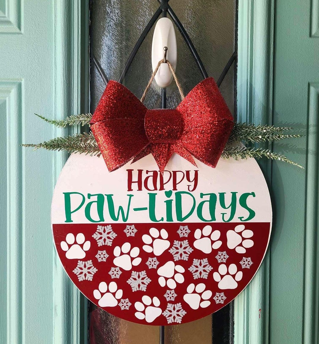 Happy Pawlidays Round Door Sign, Cat Dog Paw Christmas Wood Sign, Cat ...
