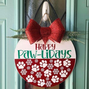 Happy Pawlidays Round Door Sign, Cat Dog Paw Christmas Wood Sign, Cat ...
