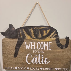Hand Painted Welcome to the Catio Sign, Wood Cat Shaped Sign, Hanging ...