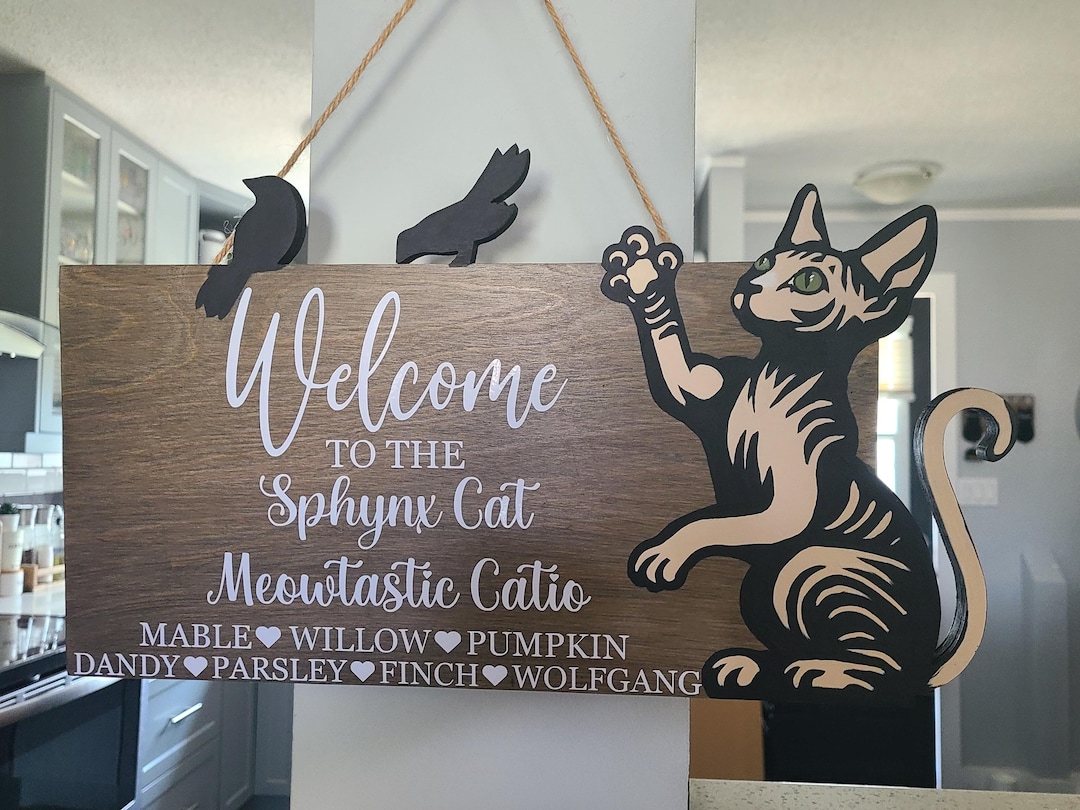 Hand Painted Wood Sphynx Catio Sign, Cat With Birds, Cat Enclosure ...