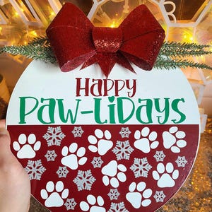 Happy Pawlidays Round Door Sign, Cat Dog Paw Christmas Wood Sign, Cat ...