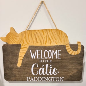 Hand Painted Welcome to the Catio Sign, Wood Cat Shaped Sign, Hanging ...