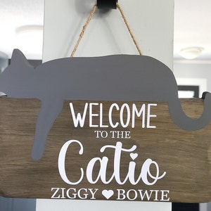 Hand Painted Welcome to the Catio Sign, Wood Cat Shaped Sign, Hanging ...