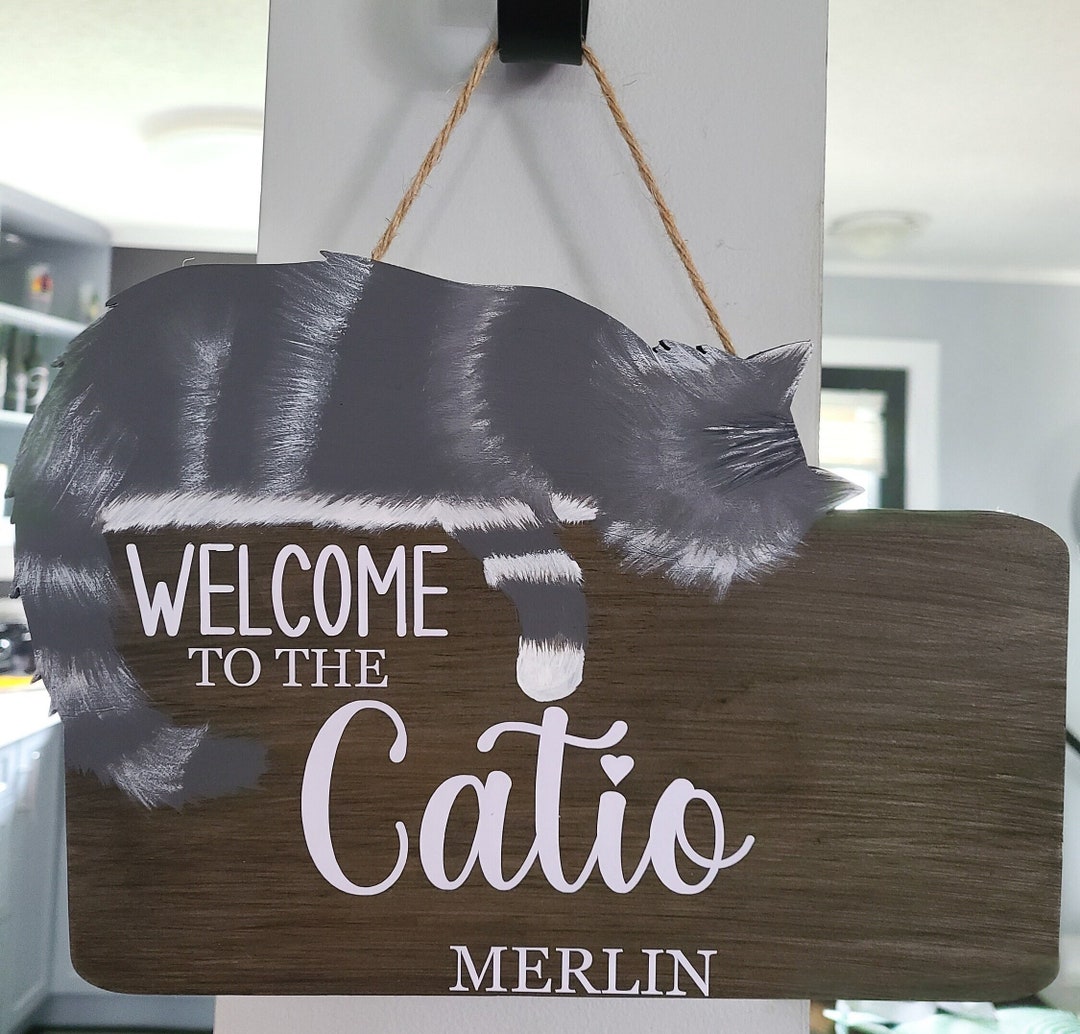Welcome to the Catio Wood Sign Cat Head Sign Cat House Sign - Etsy