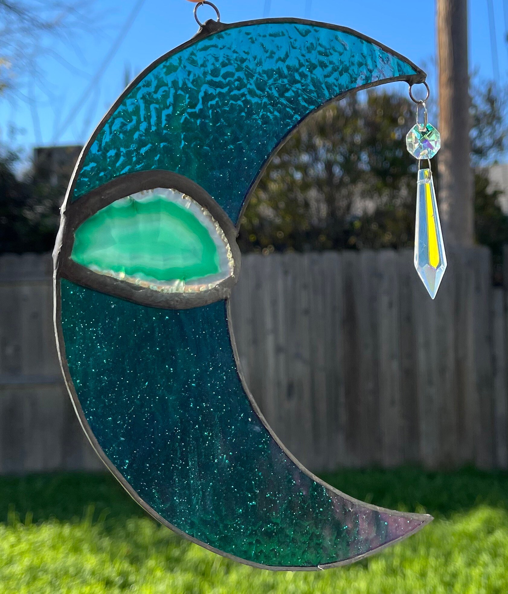 Suncatchers Iridescent Blue/Green Agate Triple Moon w/Dichroic Jewels ...