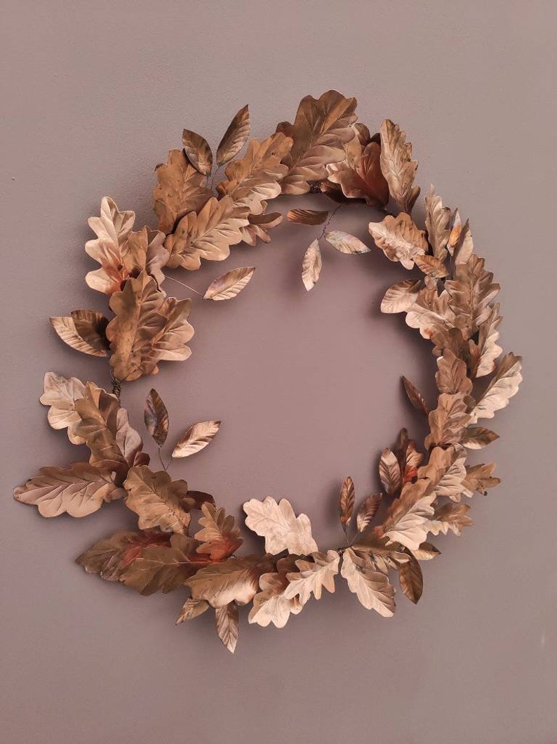 Handcrafted Copper Oak Leaf Wreath With Velvet Ribbon - Etsy