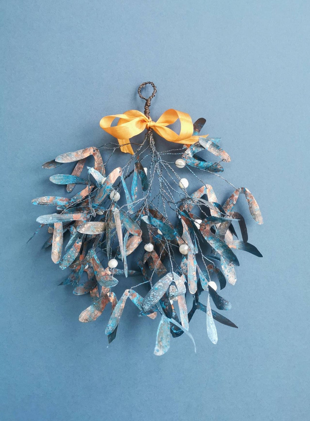Verdigris Copper Mistletoe Bouquet: Freshwater Pearl & Silk Ribbon ...