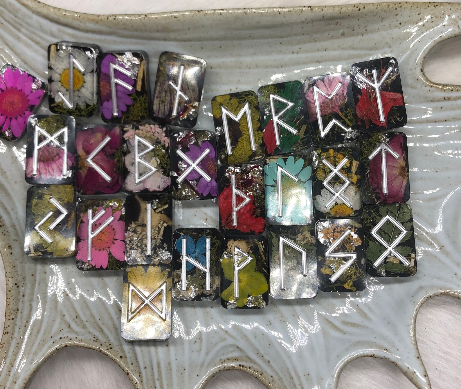 Black Floral Elder Futhark Runes Pressed Flowers Moss Mugwort Silver ...