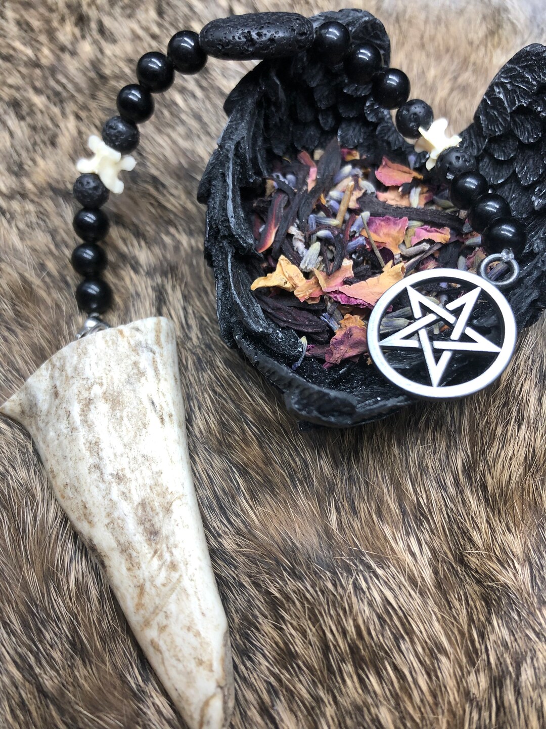 Obsidian Lava Stone and Rattlesnake Vertebrae Deer Elk Antler Tip ...