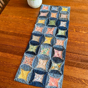 Frayed Denim Jeans & Feed Sack Cathedral Window Table Runner, Handmade Topper, 11 1/2 X 30 ...