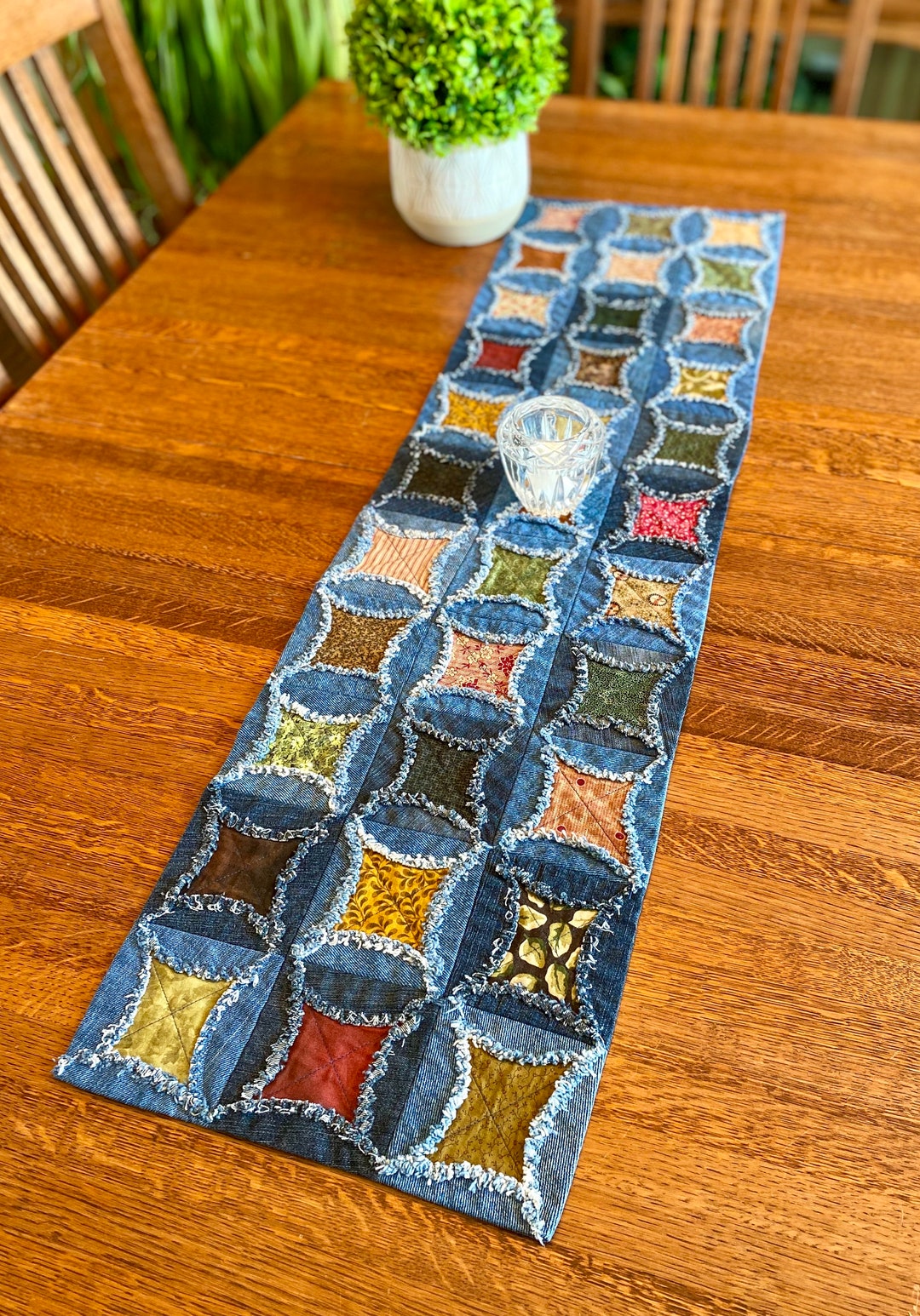 Cathedral Window Table Runner, 11” X 43” Long, Handmade Primitive ... Cathedral Window Table Runner, 11” X 43” Long, Handmade Primitive ...