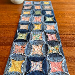 Frayed Denim Jeans & Feed Sack Cathedral Window Table Runner, Handmade Topper, 11 1/2 X 30 ...