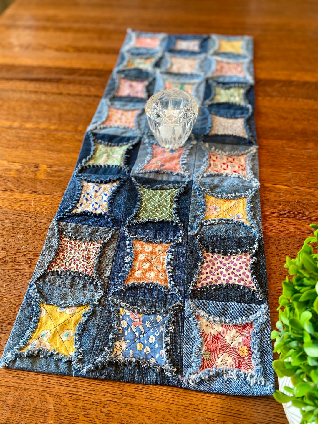 Frayed Denim Jeans & Feed Sack Cathedral Window Table Runner, Handmade ...