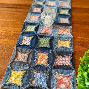 Frayed Denim Jeans & Feed Sack Cathedral Window Table Runner, Handmade Topper, 11 1/2 X 30 ...