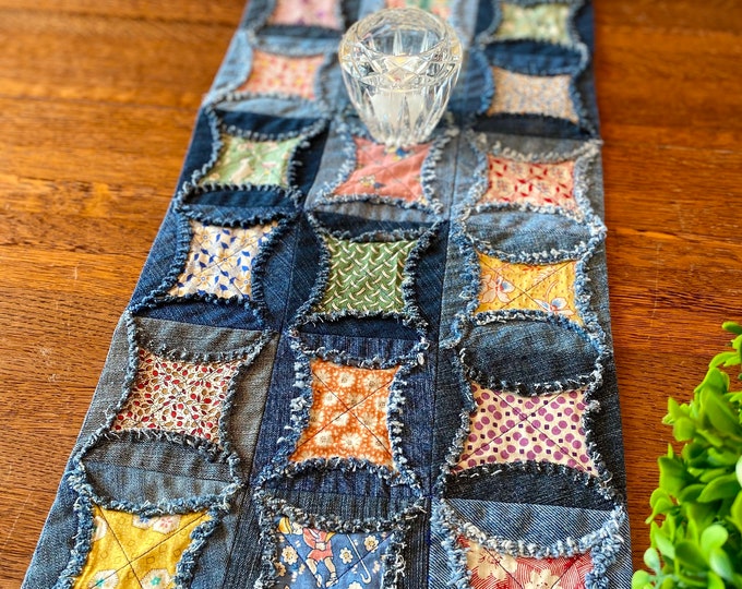 Frayed Denim Jeans & Feed Sack Cathedral Window Table Runner, Handmade ...