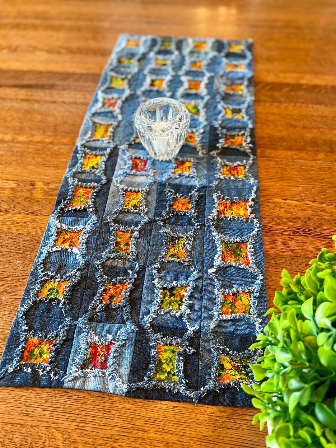 Denim Jeans Cathedral Window Table Runner, 11 1/2 X 29 Handmade ... Denim Jeans Cathedral Window Table Runner, 11 1/2 X 29 Handmade ...