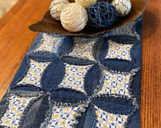 Jeans & Feed Sack Cathedral Window Table Runner, Handmade Topper, 12” X ...