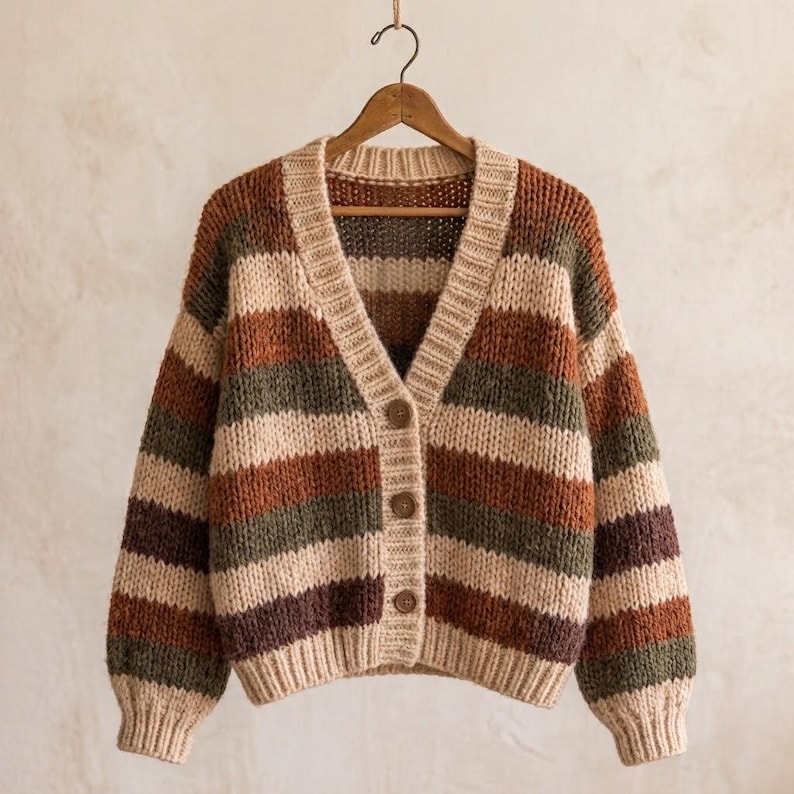 Knitted V Neck Striped Cardigan Knitting Pattern | Chunky Weight Yarn ...