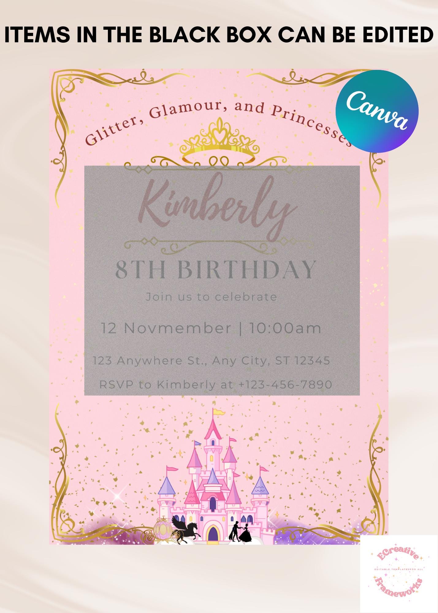 Customizable Digital Princess Party Invitation Editable Princess Theme ...