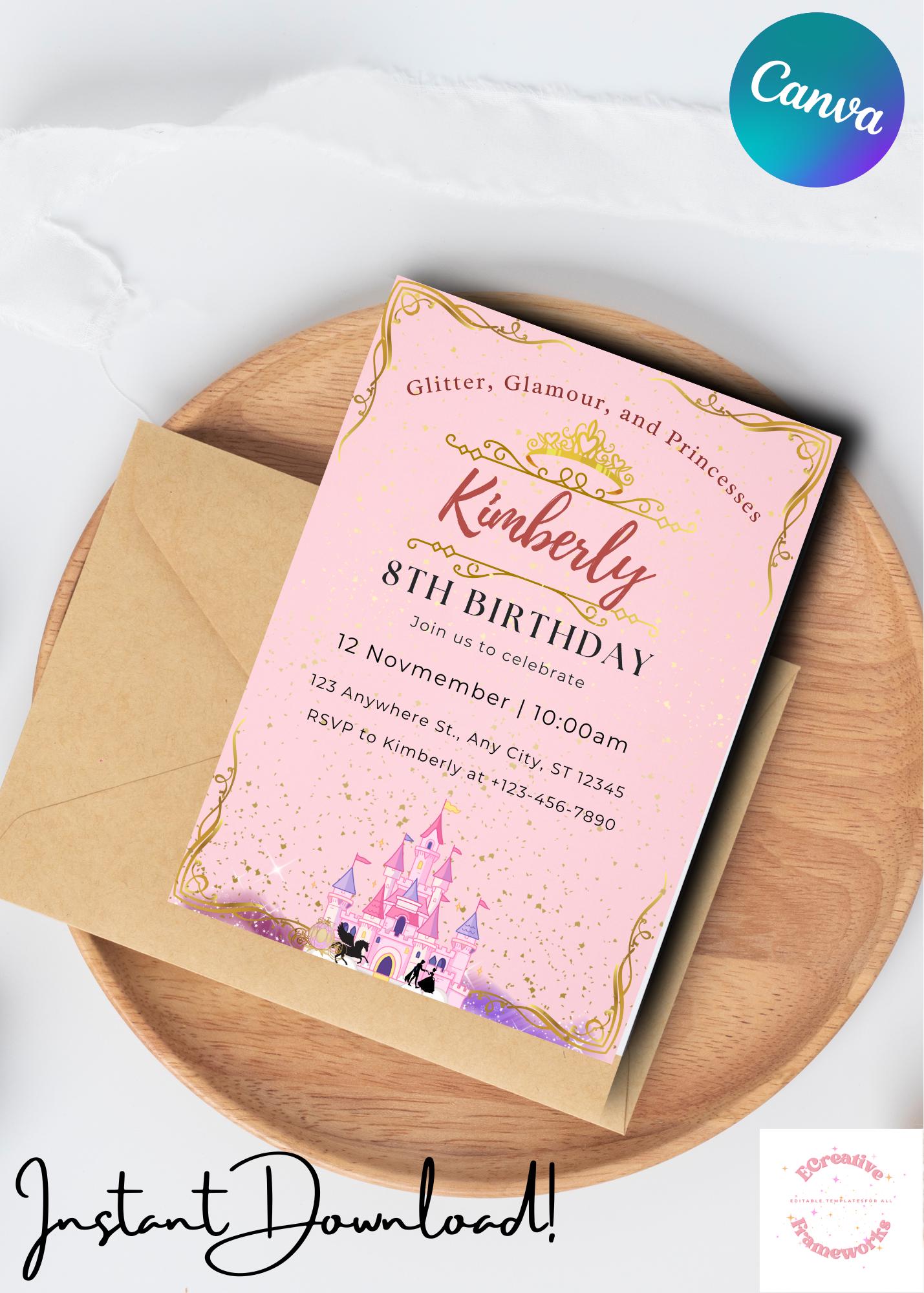 Customizable Digital Princess Party Invitation Editable Princess Theme ...