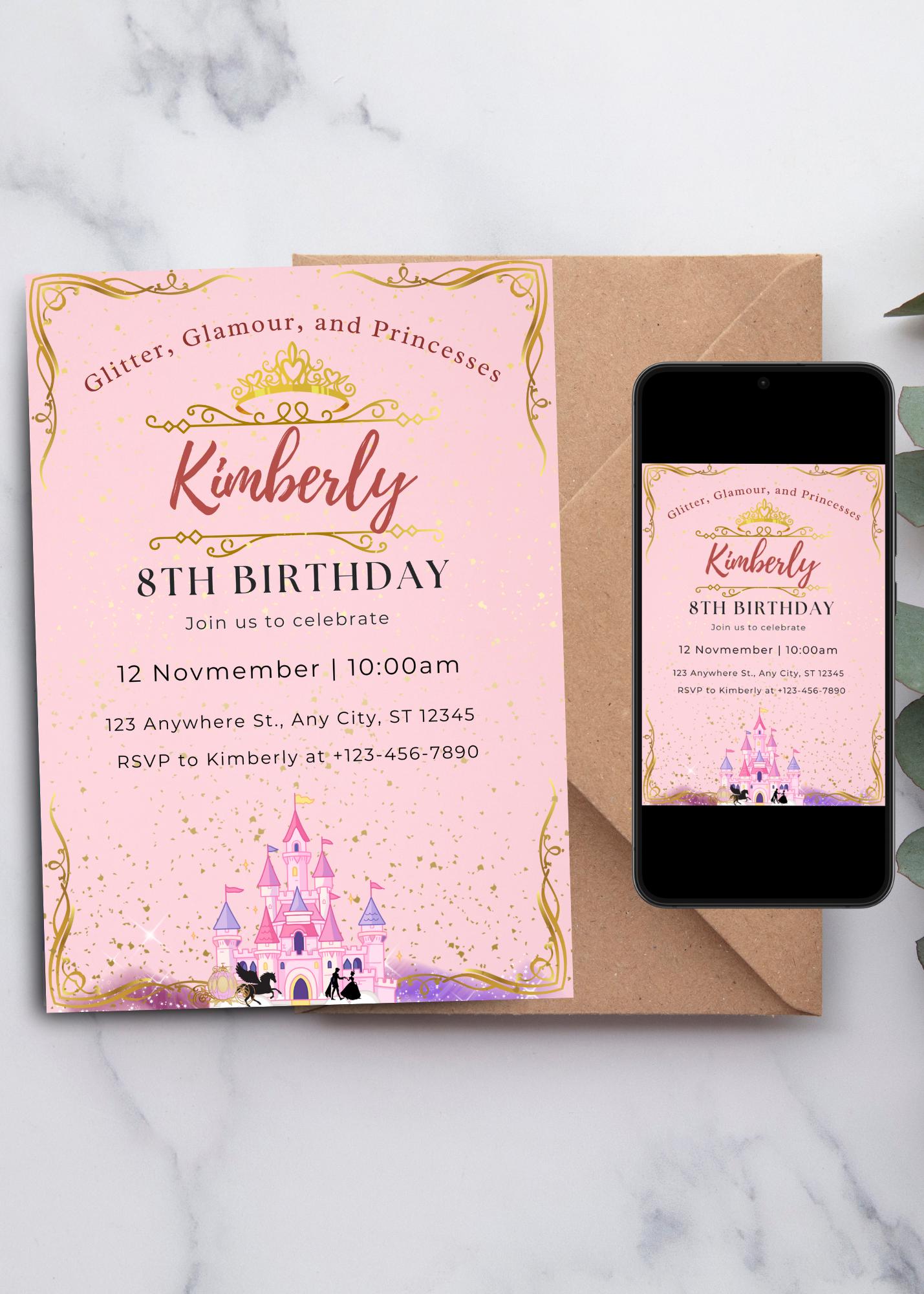 Customizable Digital Princess Party Invitation Editable Princess Theme ...