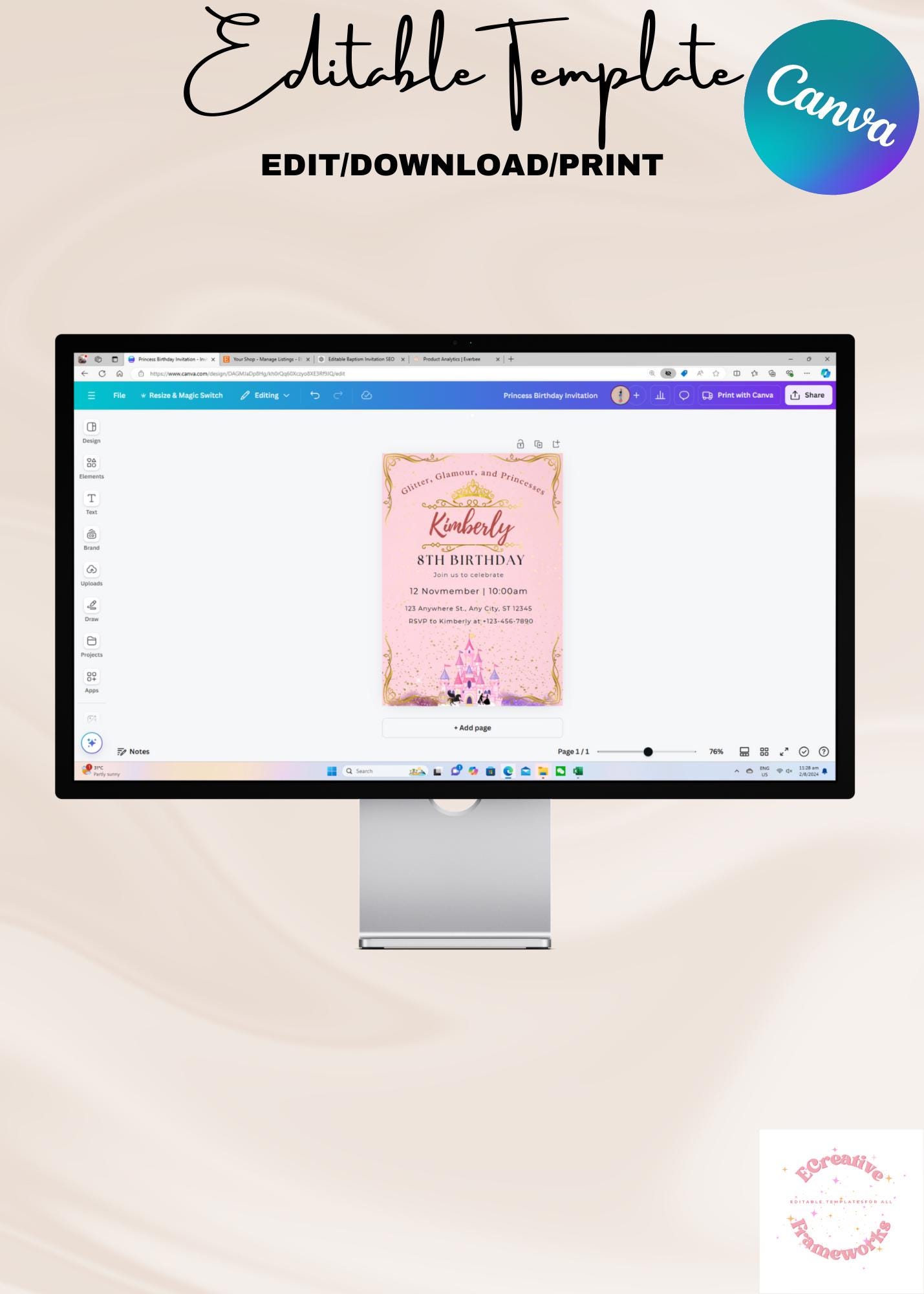 Customizable Digital Princess Party Invitation Editable Princess Theme ...