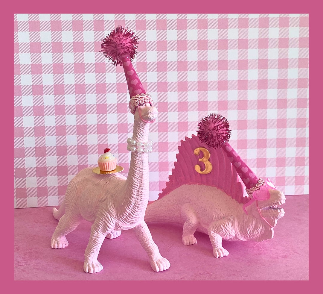 Dinosaur Cake Topper Pastel Pink Girl Dino, Mini Party Hat Dinosaur ...