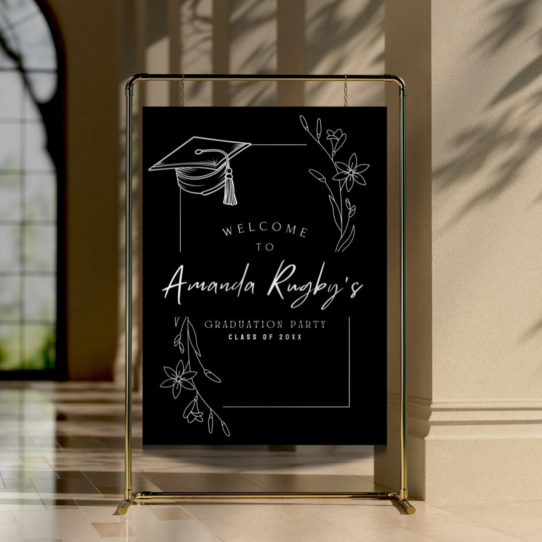 Editable Graduation Party Welcome Sign Canva Template, Black Dark ...