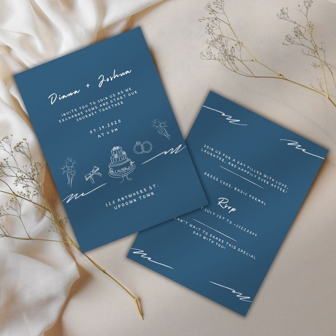 Blue Wedding Invitation Template, Front and Back Double Sided, Editable ...