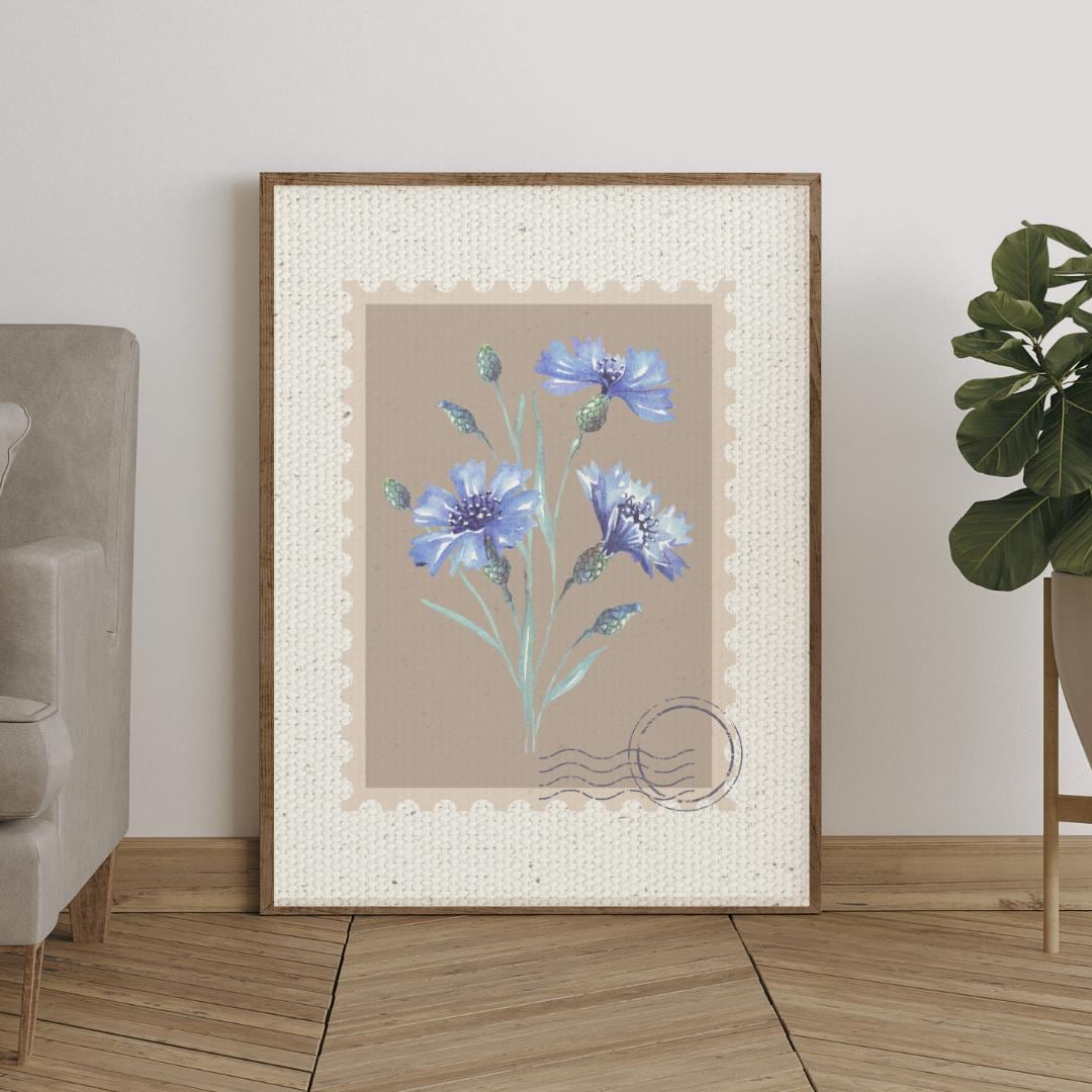 Blue Flower Stamp Art Printable: Rustic French Country Decor (digital ...