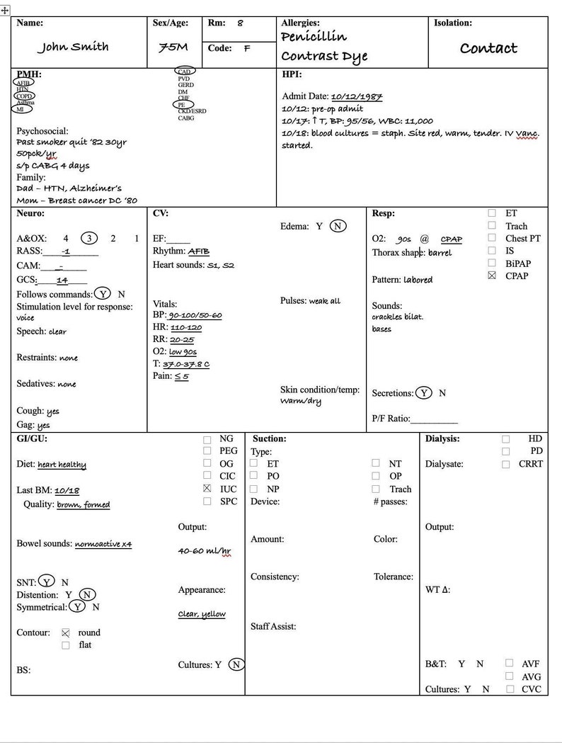ICU Nurse Report Sheet Template - Etsy