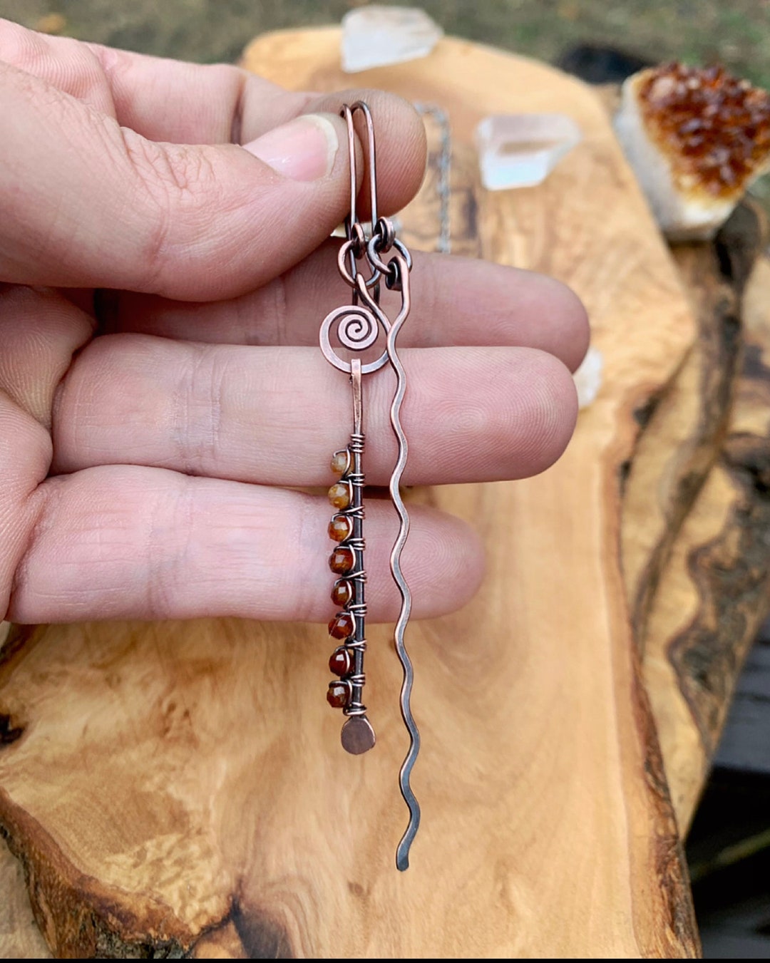 Asymmetrical Copper Paddle Earrings Wrapped With Garnet Boho - Etsy